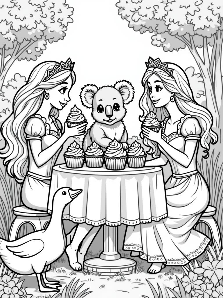 princesses eating cupcakes with a goose and koala in the park ...