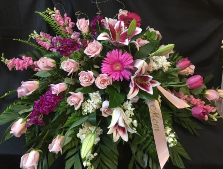 Pink & Purple Casket Spray in Highland, IL | The Greenhouse of Highland ...