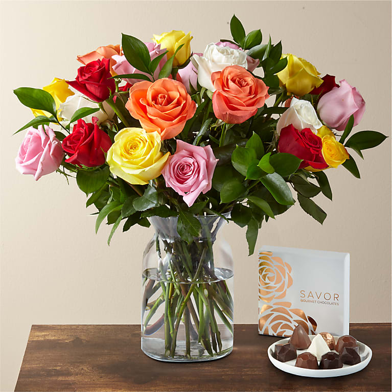 One Dozen Assorted Roses with Glass Vase and Box of Chocolates