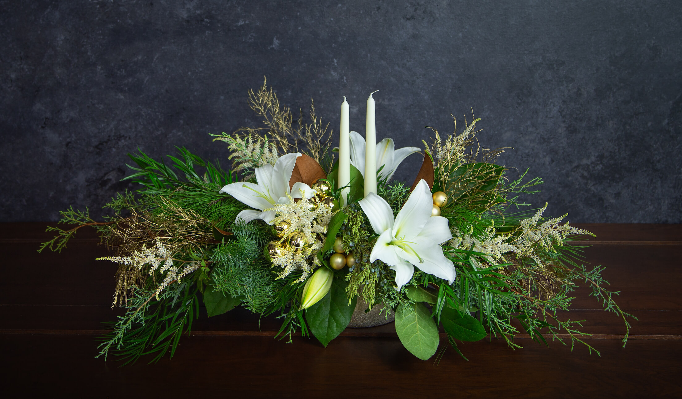 Golden Glow white Christmas Centerpiece | IVORY FLORIST