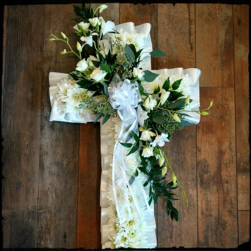 White on White Traditional Cross | Middleboro MA Florist | Funeral Delivery
