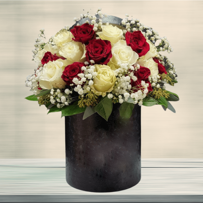 Red and White roses with Babies breath in Round Box Flower Delivery ...