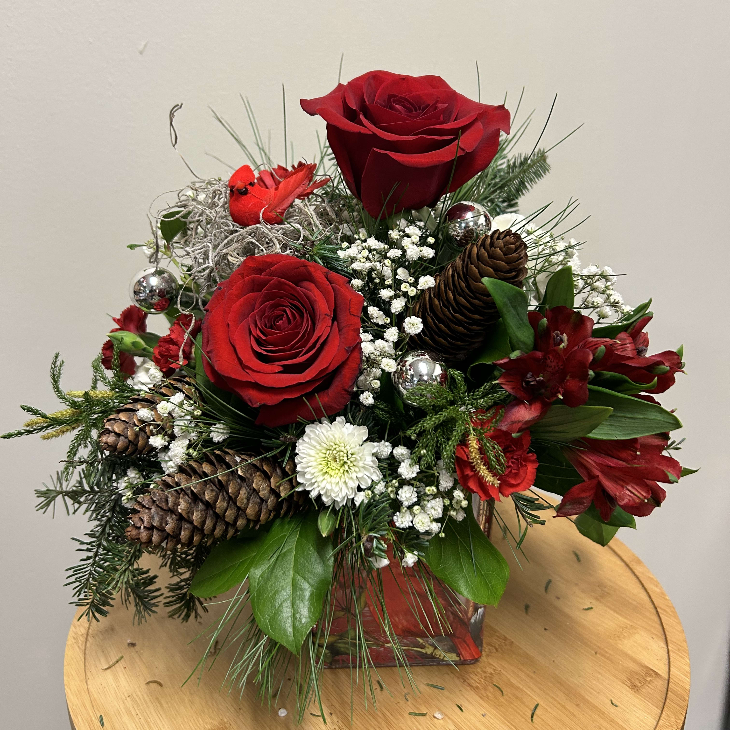 Cardinal Cube Flower Delivery Ravena NY - Janine's Floral Creations