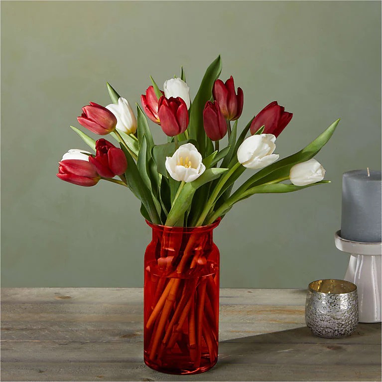 Candy Cane Tulips with Red Vase