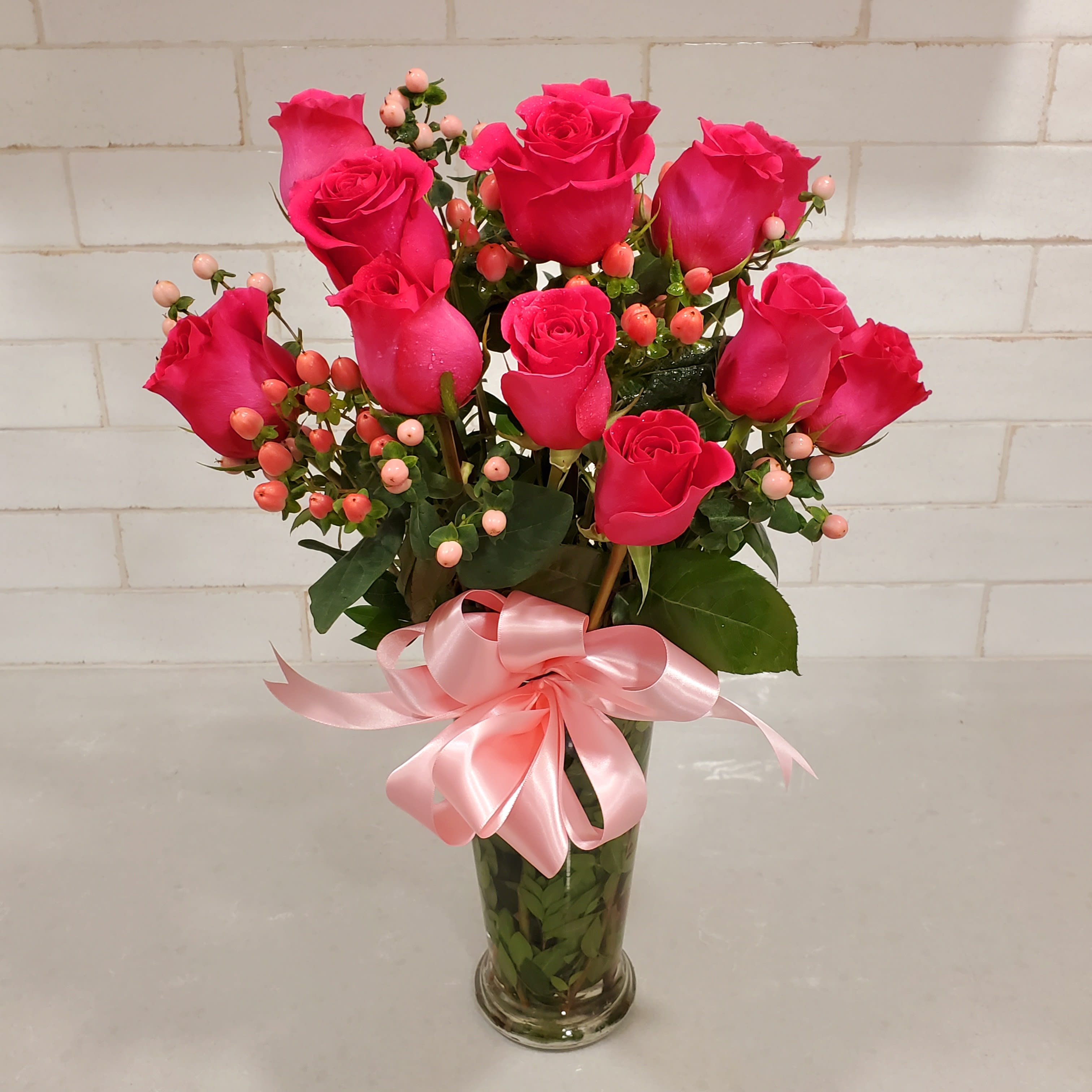 Dozen Pink Roses, Vased : Middleboro, MA Florist, Wine and Gift Shop ...