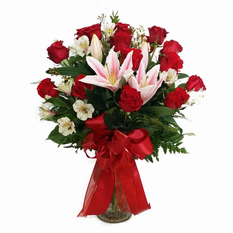 Dozen Red Roses with Lilies & Alstro Flower Delivery Midland TX ...