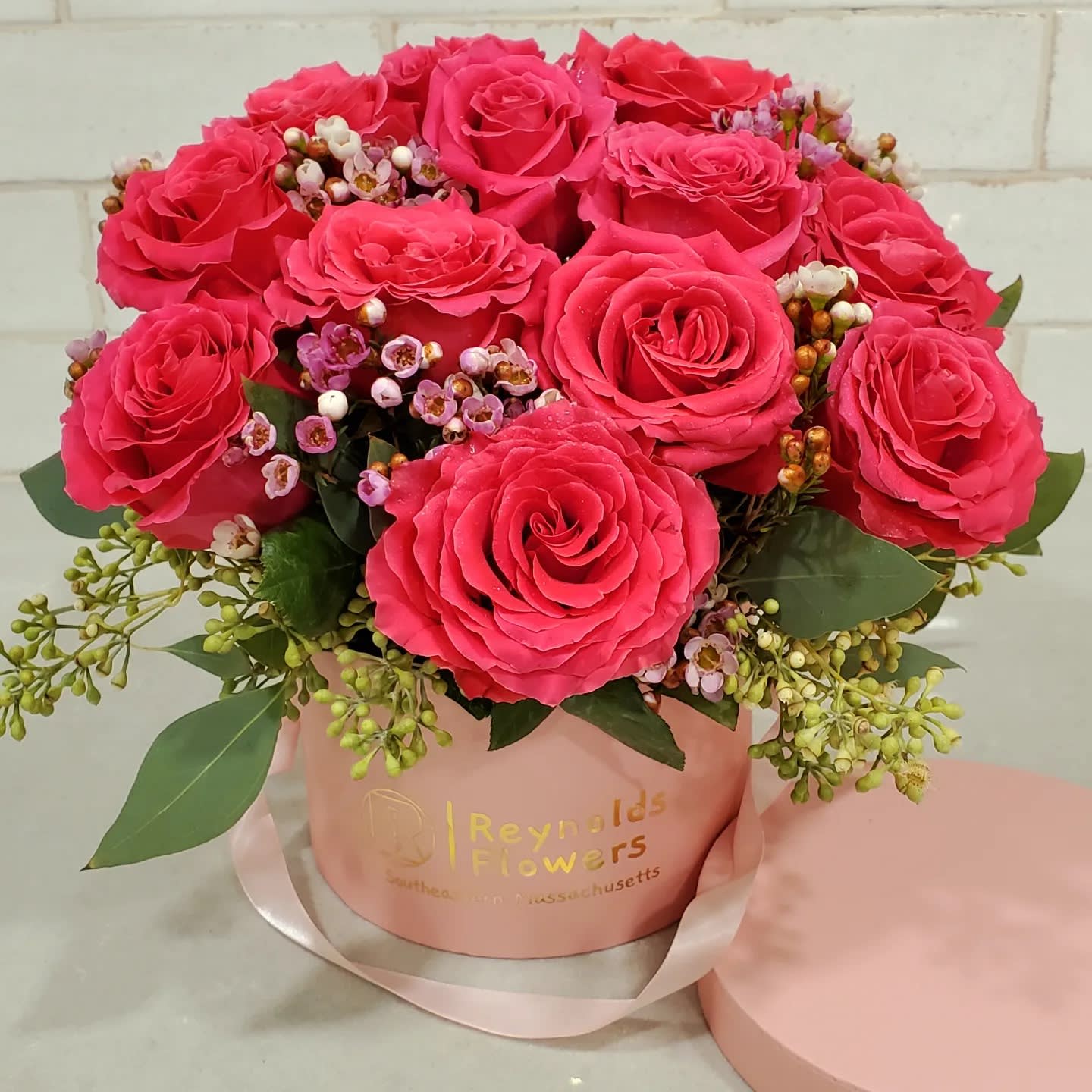 Dozen Bright Pink Rose Hat Box Arrangement | South Shore MA Florist ...