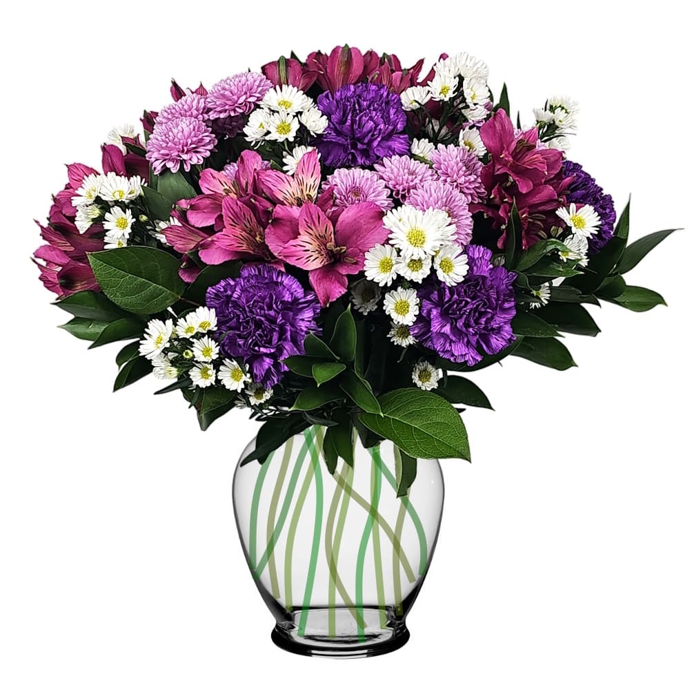 Purple Pasion Arrangement: Carnations, Alstroemeria, Button Mums