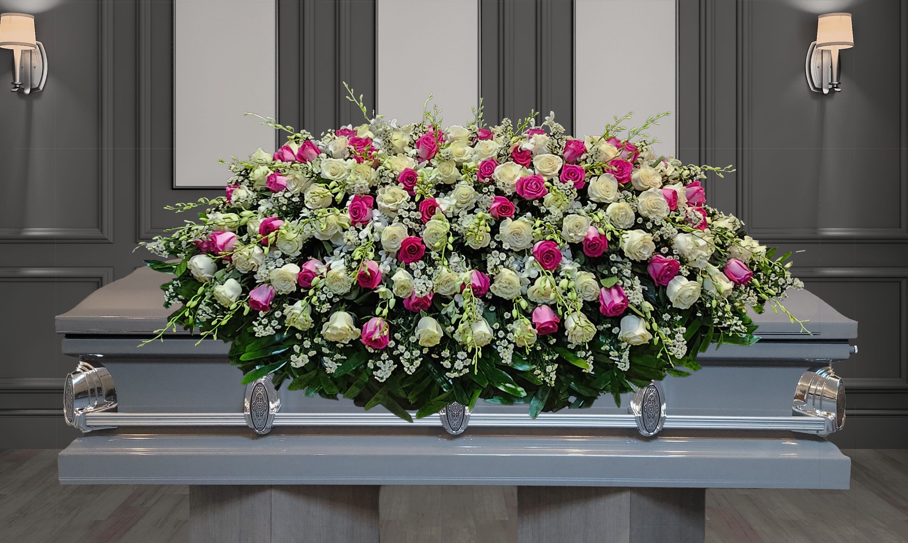 CC-17 Casket cover de rosas y orquídeas Bella Flor Inc