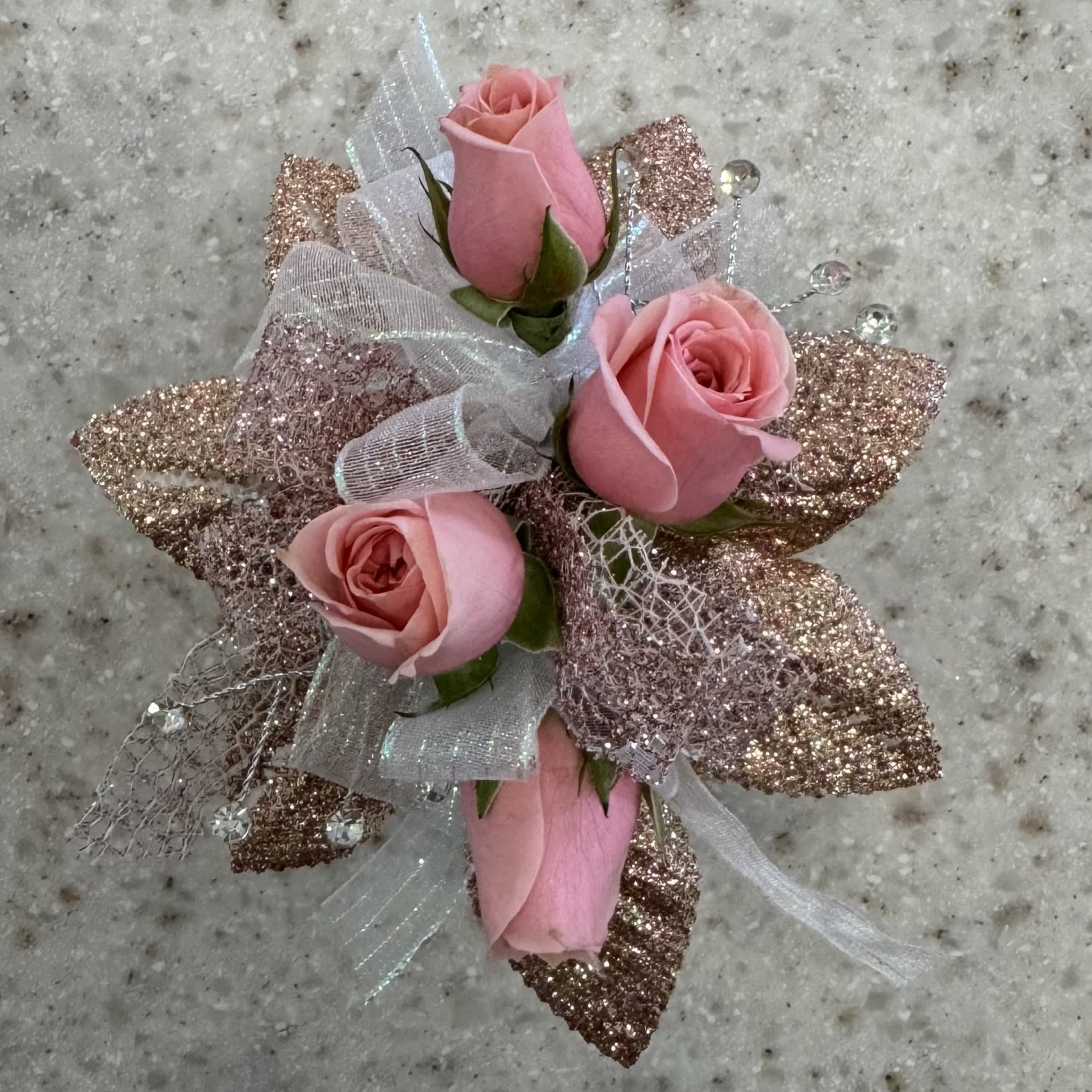Pink Rose Wrist Corsage w/Rose Gold & Iridescent Accents in Highland ...