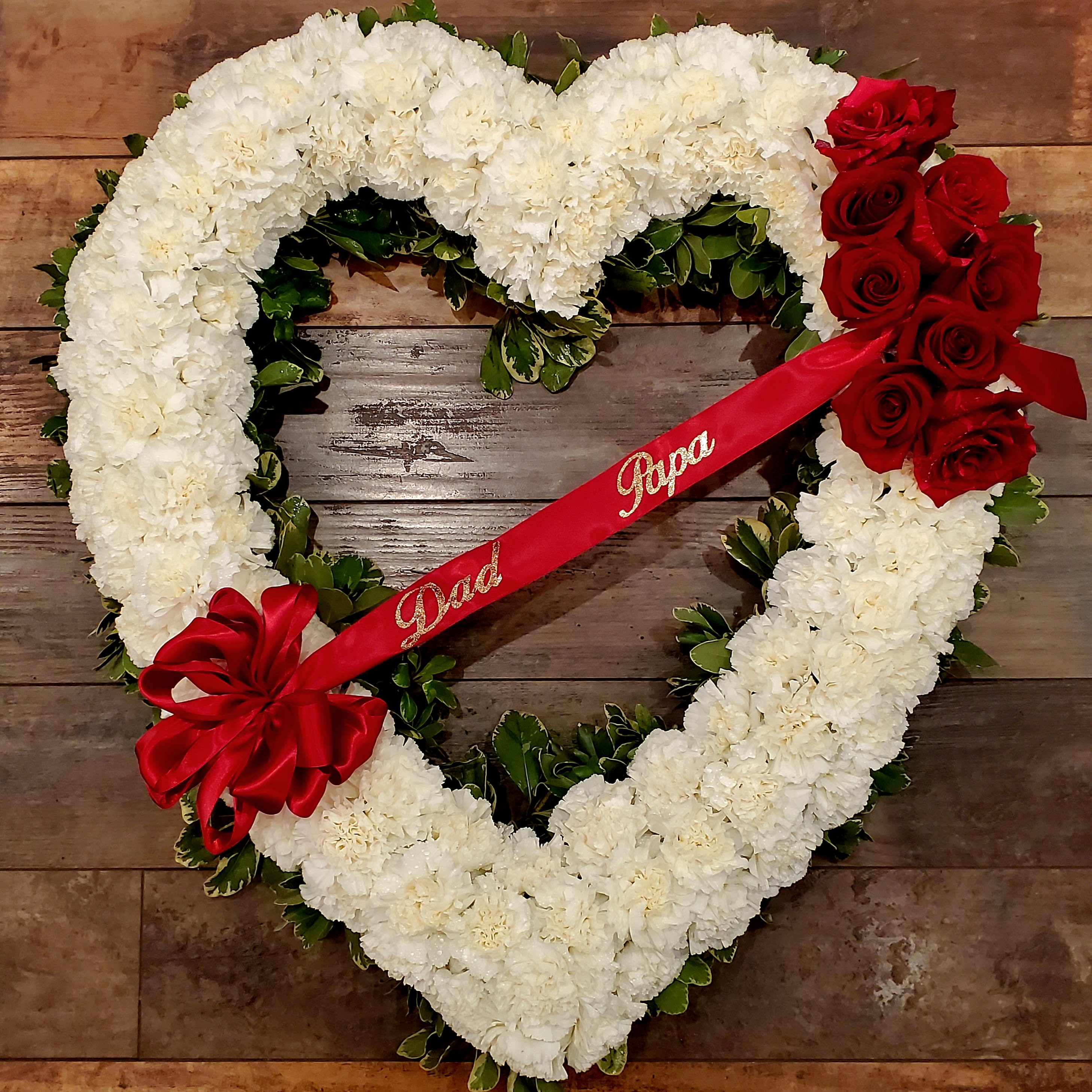 White Heart Wreath with Dove & Red Roses | Sympathy Flowers ...