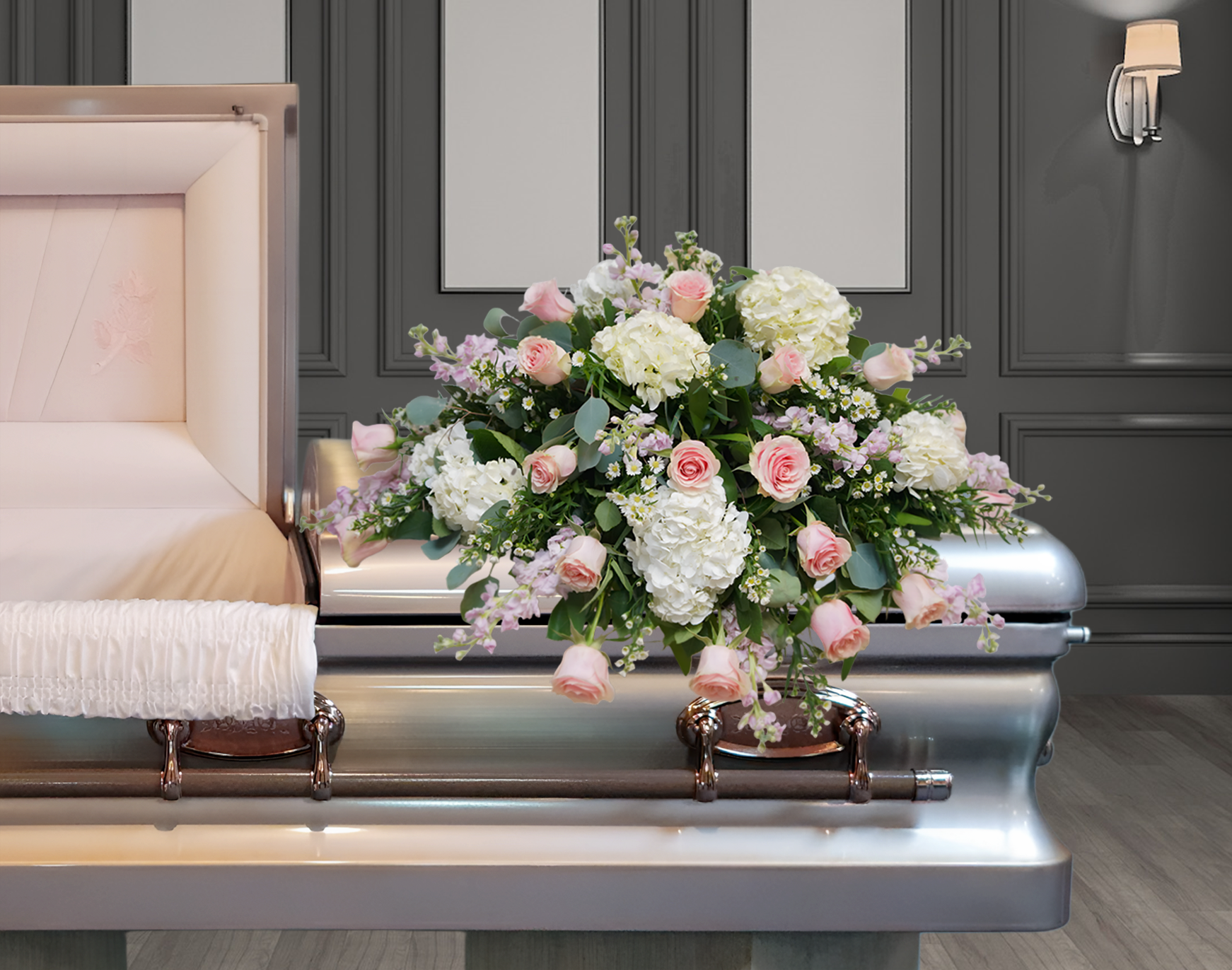 FCC-3 Casket cover de claveles, rosas, lirios, stock y hortensias