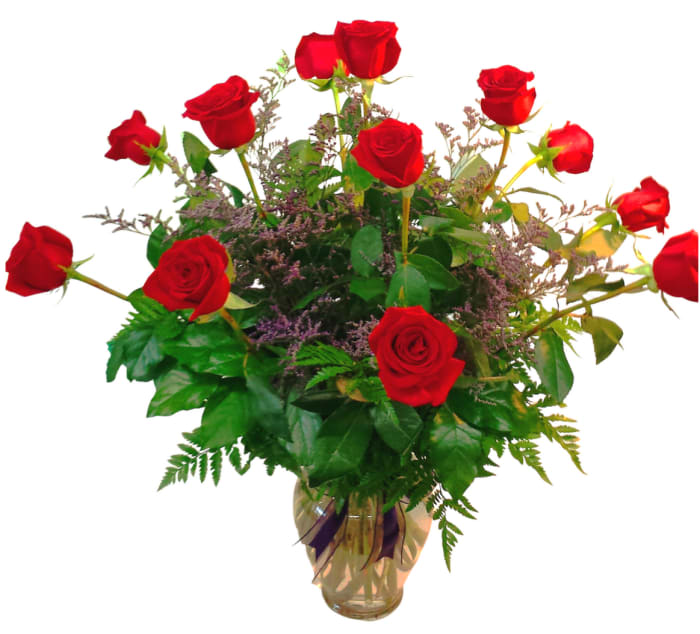 Fiesta Classic 12, 18 or 24 Long-Stem, Red Roses with Purple Limonium R ...