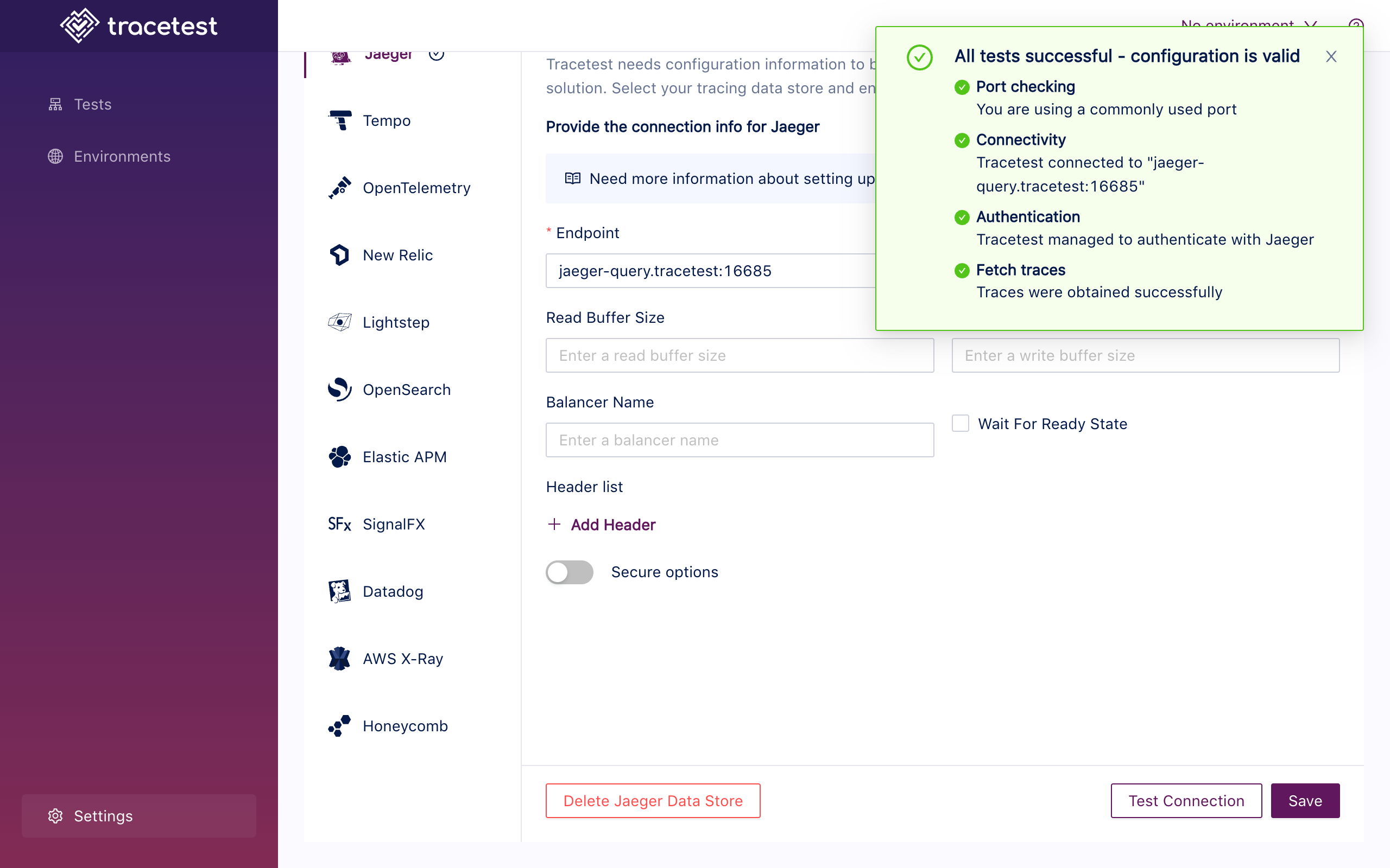 Configuring Data Stores | Tracetest Docs