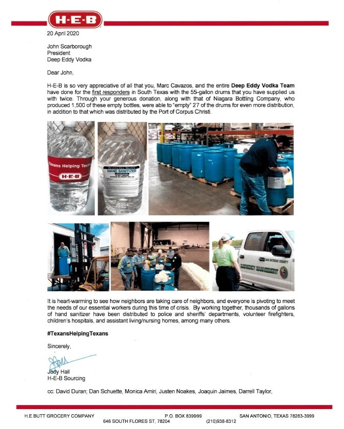 HEB Texas Thanks Deep Eddy Vodka for Hand Sanitizer Donation | Heaven ...