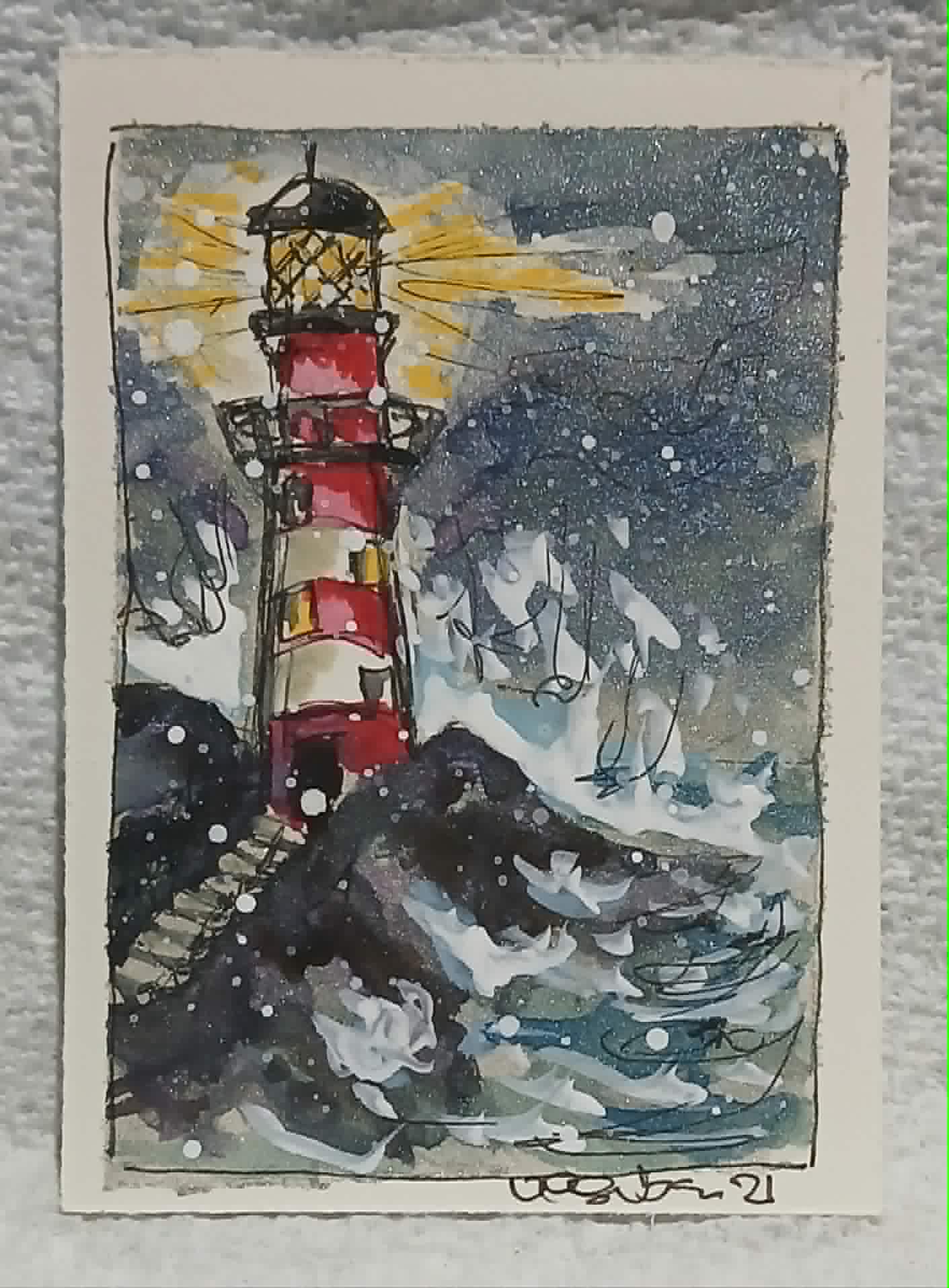 Stormlit Lighthouse – Hand‑Painted Watercolor Scribble ACEO ACEO by ...