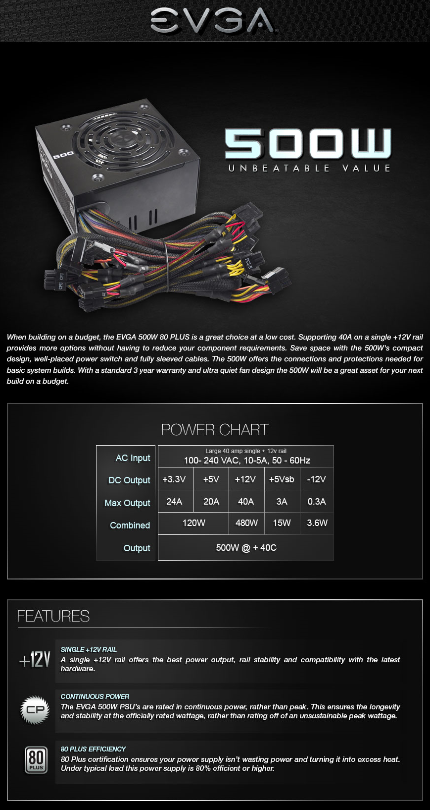 EVGA 500W W1 80+ Power Supply 100-W1-0500-KR