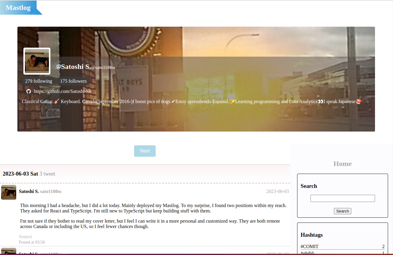 GitHub - Satoshi-Sh/mastlog: To show my mastodon toots like Twilog.