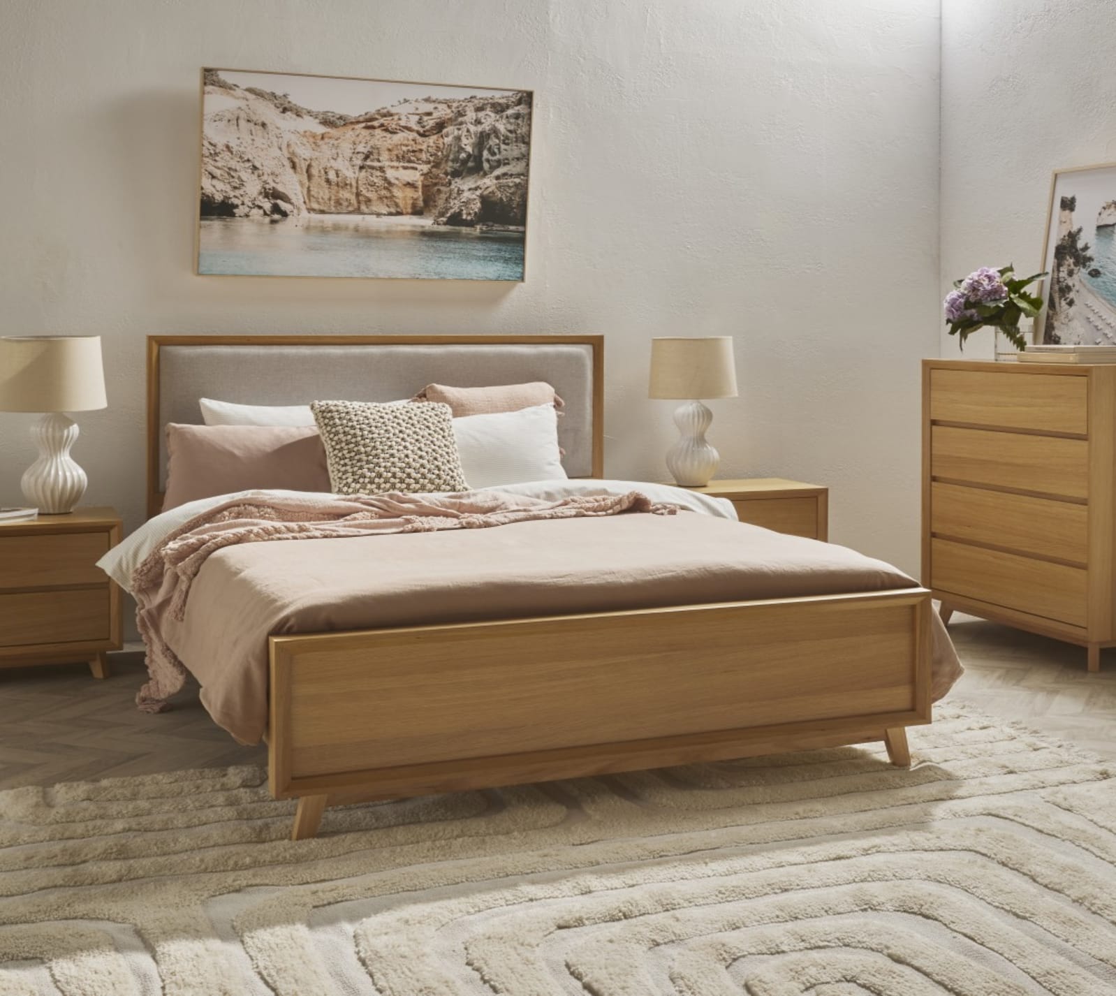 Buy Morgan Oak Bed Frame with Upholstered Headboard - James Lane Australia