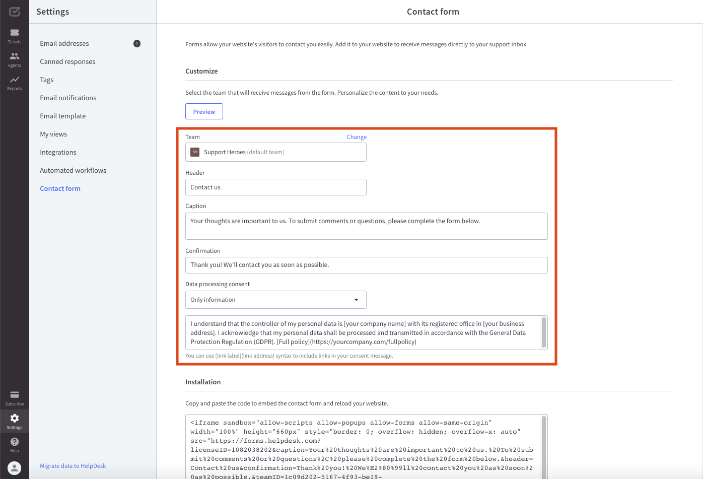 Creating a contact form for your website | HelpDesk Help Center