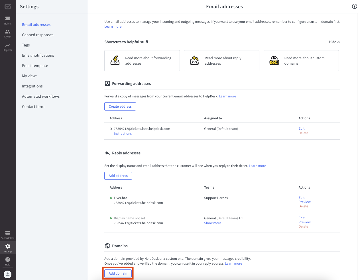 Setting up the custom domain, forwarding address, and reply address ...