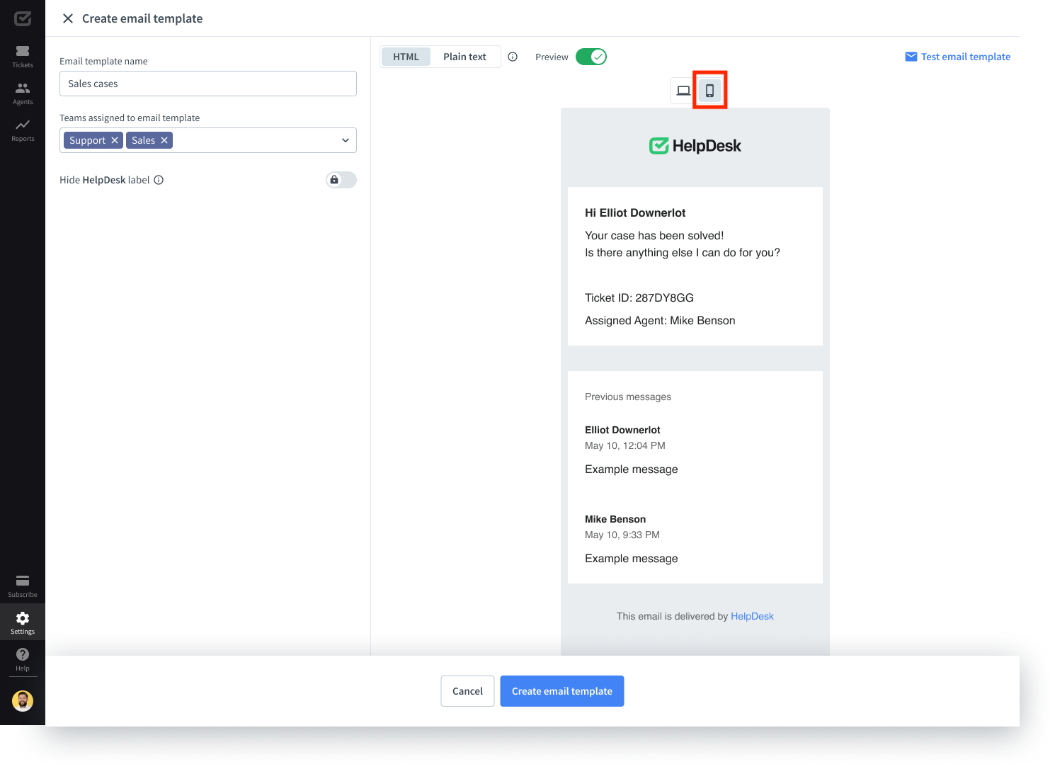 Email template | HelpDesk Help Center
