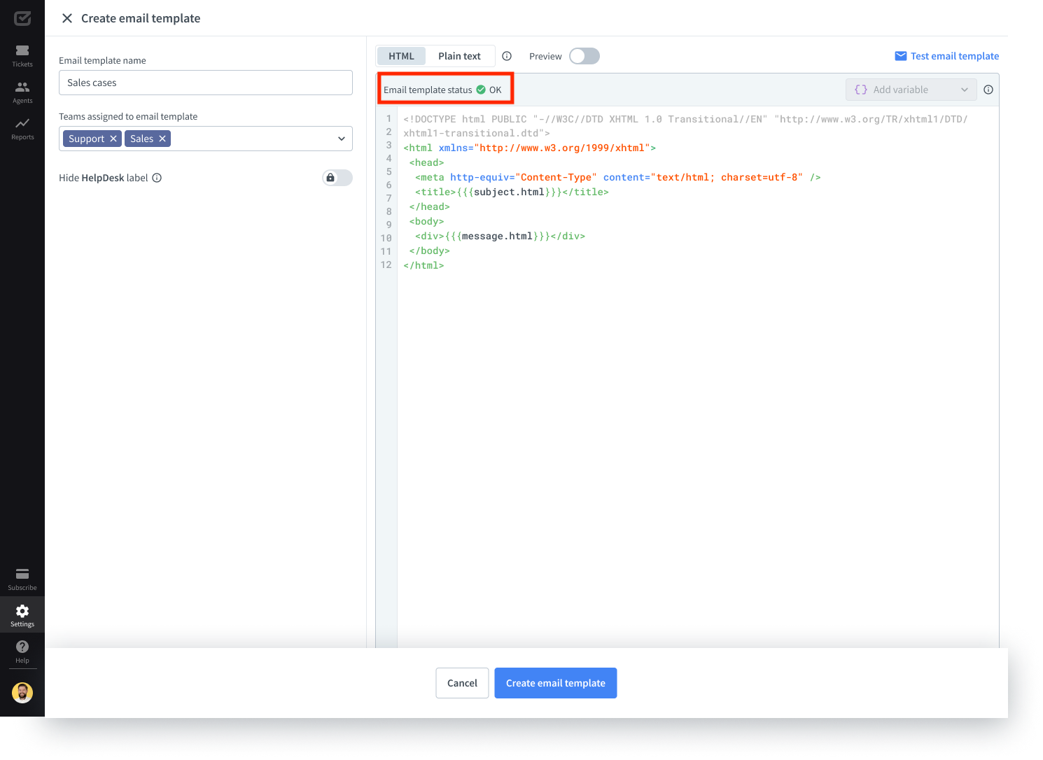 Email template | HelpDesk Help Center