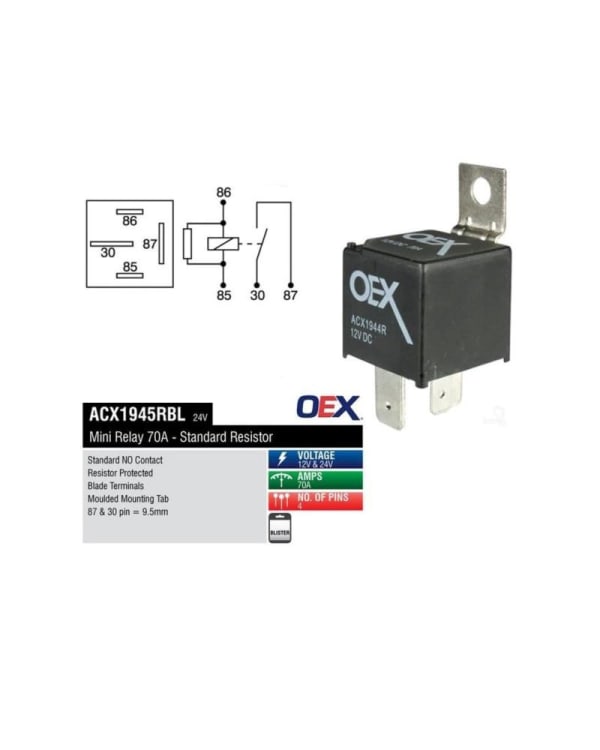 Auto Mini Relay, 24VDC, 4 Pin, Normally Open, 50A, Resistor Protected ...