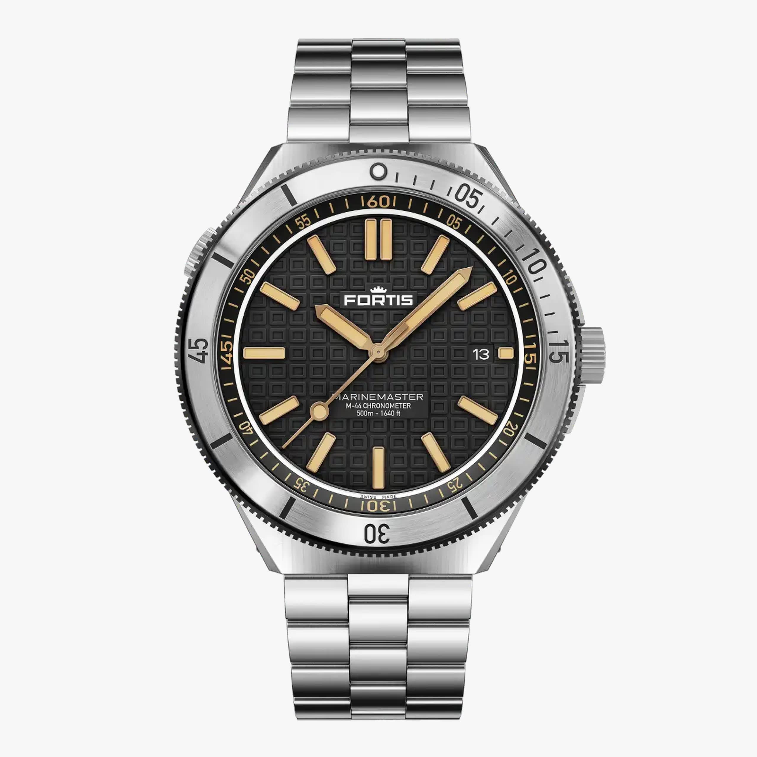 Fortis Marinemaster M-44 – Resina nera / Bracciale a maglie – World ...
