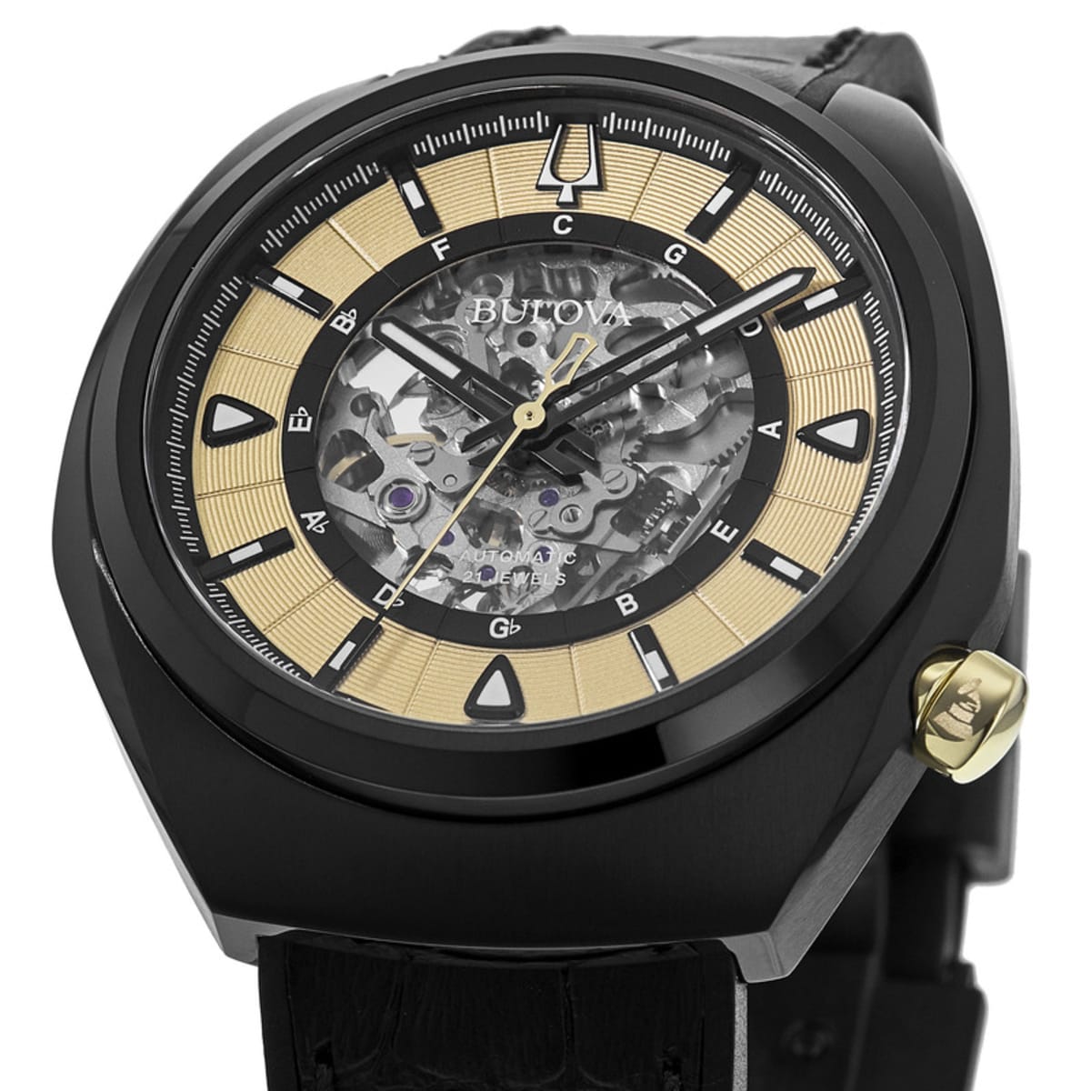 Bulova Grammy Skeleton Dial Black Leather Strap Men's Watch 98A241