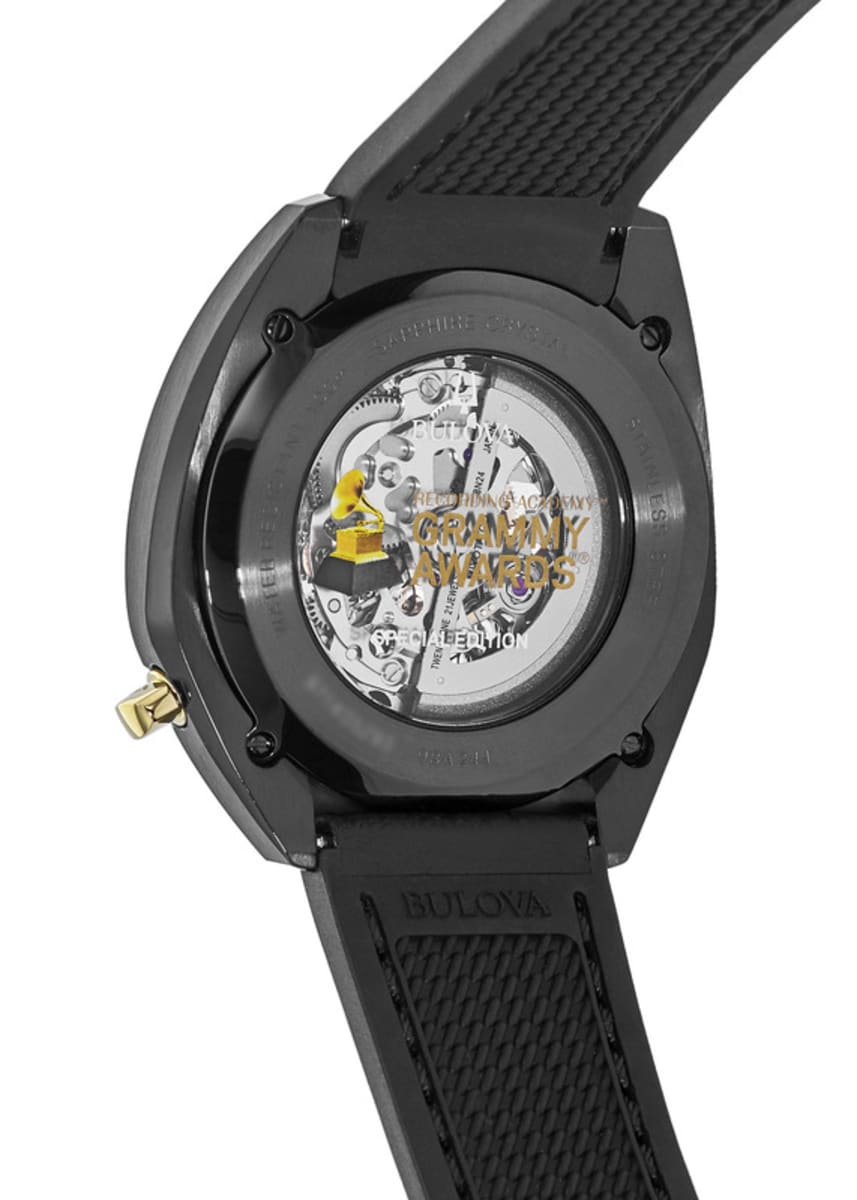 Bulova Grammy Skeleton Dial Black Leather Strap Men's Watch 98A241