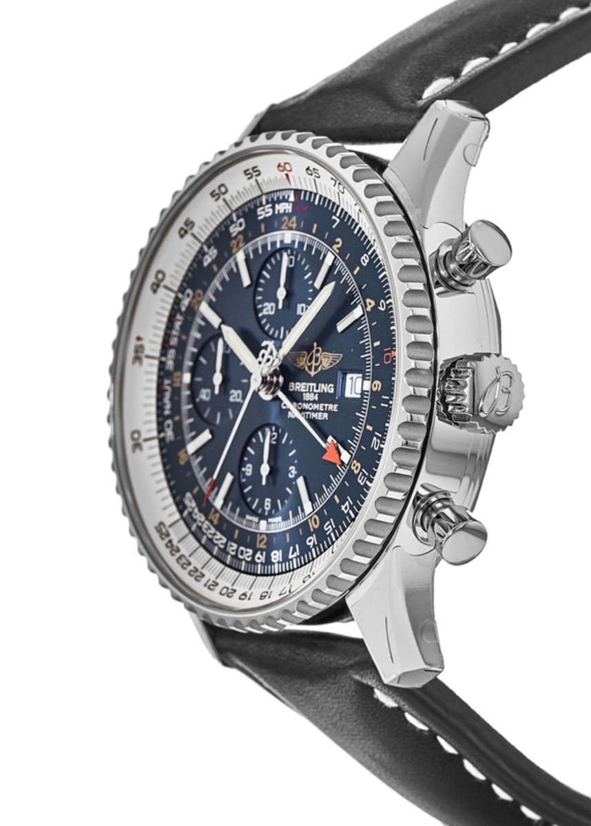 Breitling Navitimer World Blue Chronograph GMT Dial Black Leather Strap ...