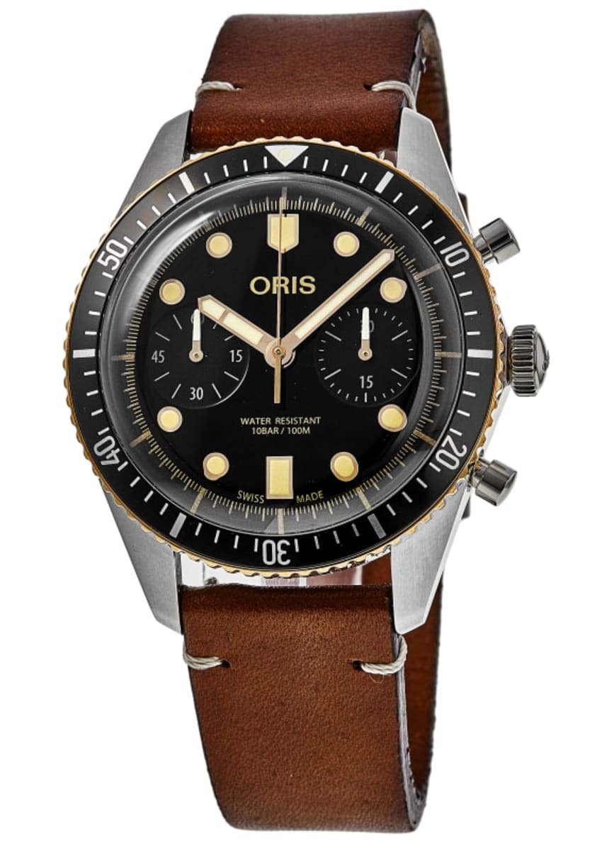 Oris Divers Sixty-Five Black Chronograph Dial Leather Strap Men's Watch ...