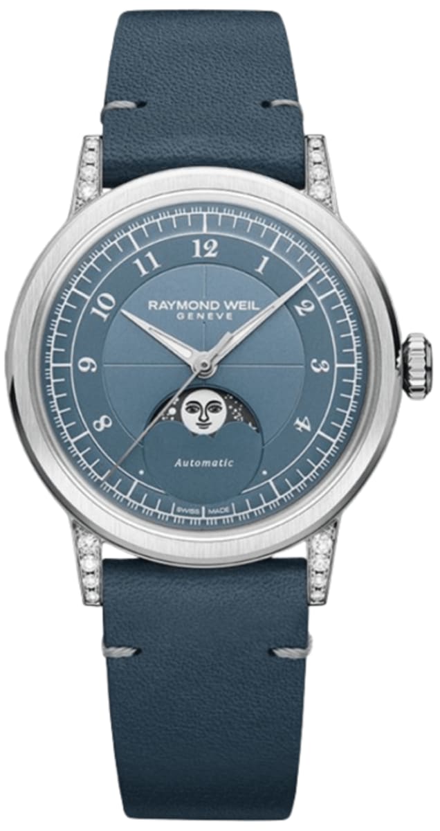 Raymond Weil Millesime Automatic Moon Phase Blue Dial Diamond Leather ...
