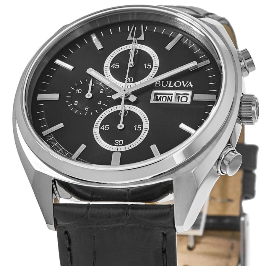 Bulova Surveyor Chronograph Black Dial Black Leather Strap Men's Watch ...