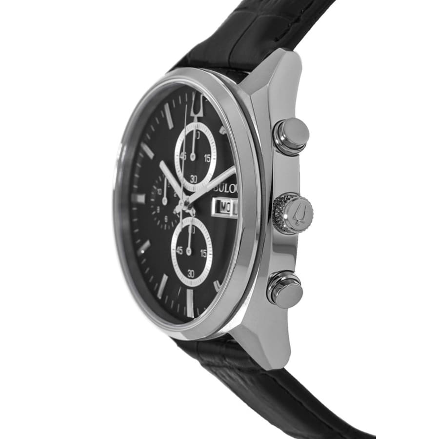 Bulova Surveyor Chronograph Black Dial Black Leather Strap Men's Watch 96C133