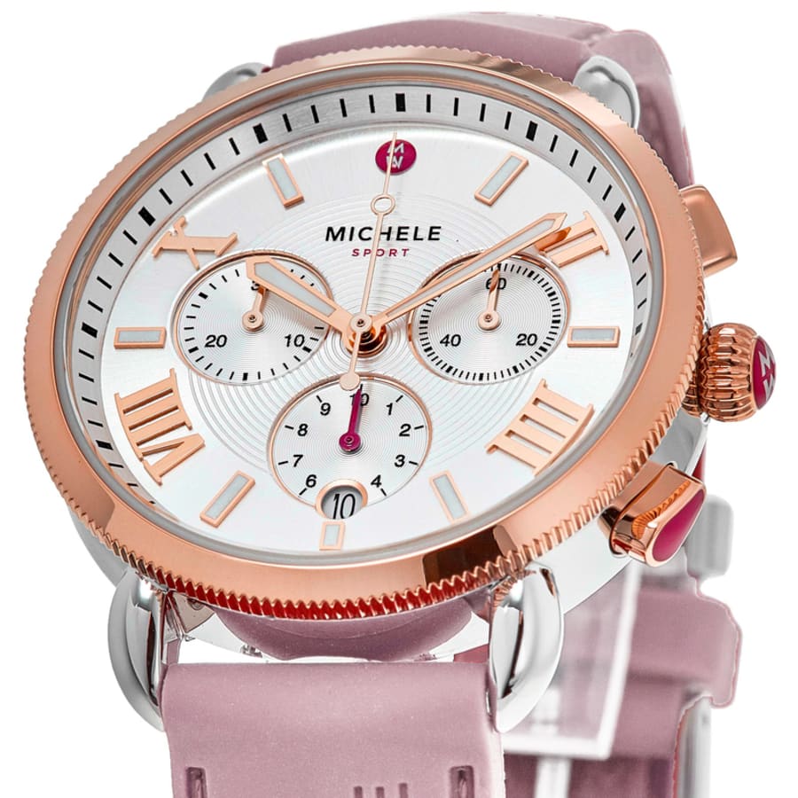 Michele Sport Sail Quartz Chronograph White Silver Dial Pink Silicone ...