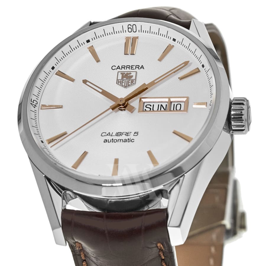 Tag Heuer Carrera Calibre 5 Day-Date Automatic Silver Dial Brown Leather Strap Men's Watch ...