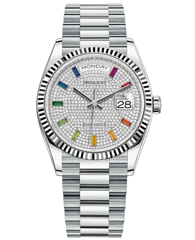 Rolex Day-Date Platinum Diamond-Paved Gemstone Dial Women's Watch ...
