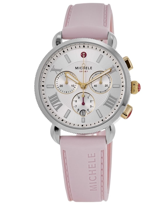 Michele Sport Sail Quartz Chronograph Silver Dial Pink Silicone Strap ...