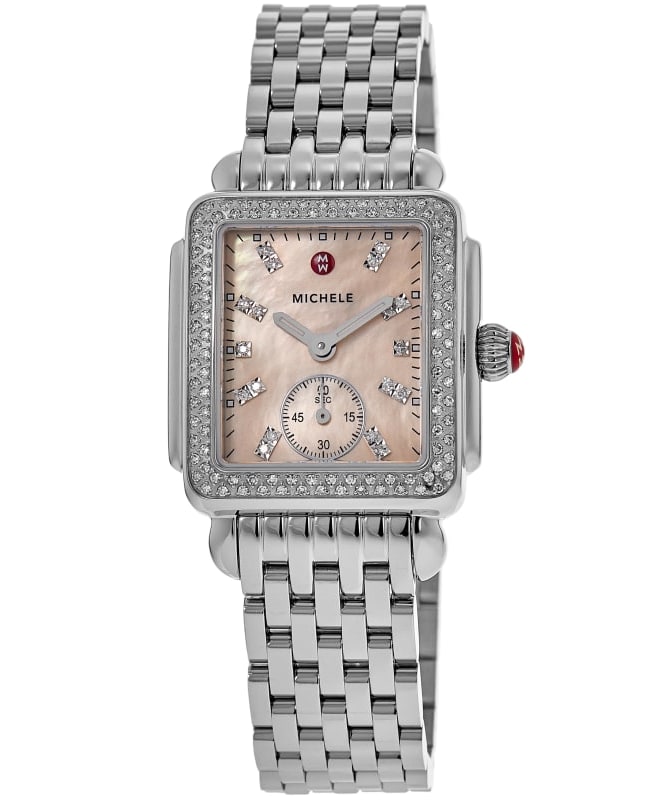 Michele Deco Mid Quartz Mother of Pearl Dial Diamond Bezel Steel Women ...