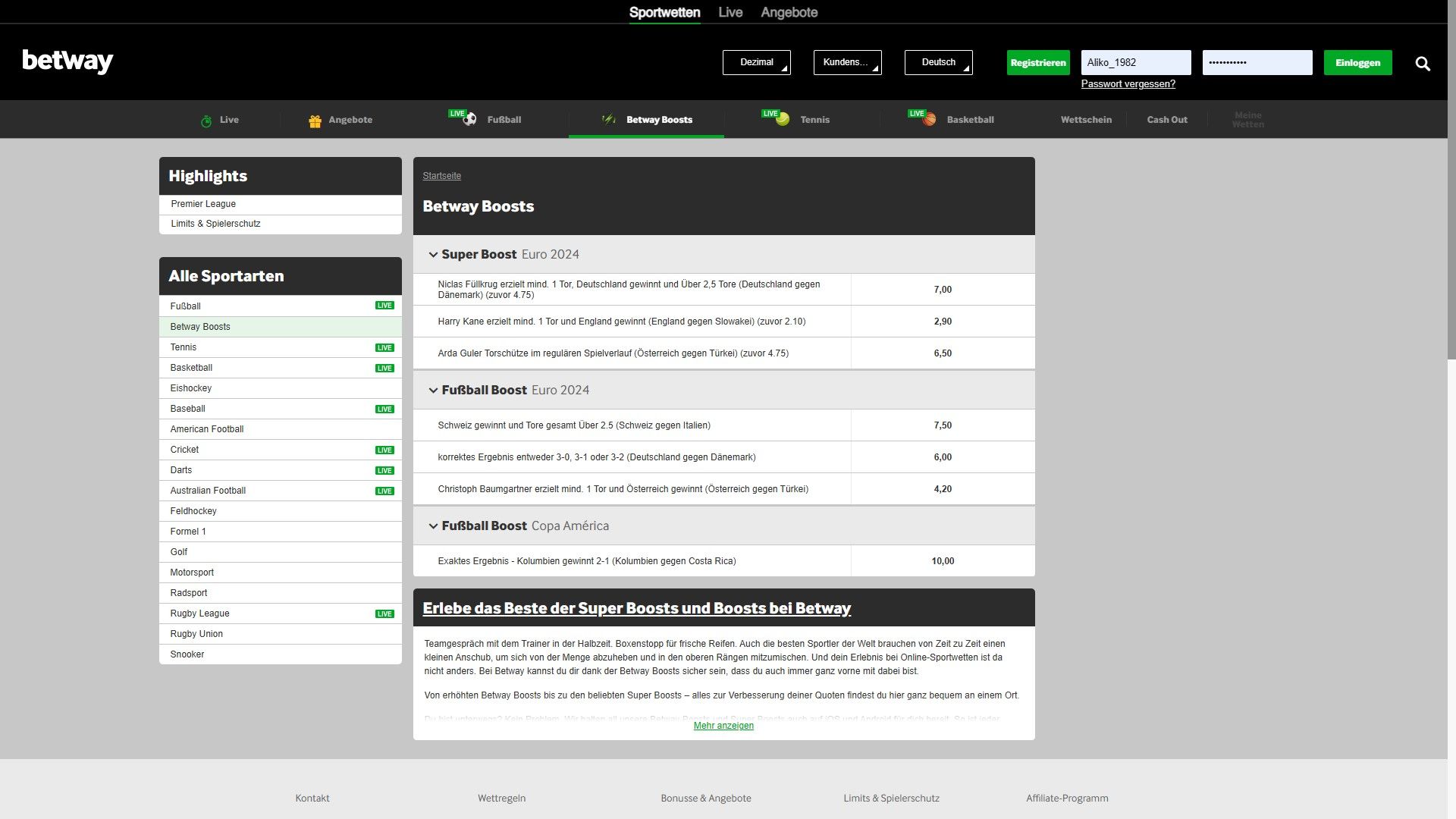 Alle Infos zum Betway Boost zu Schweiz vs Italien!