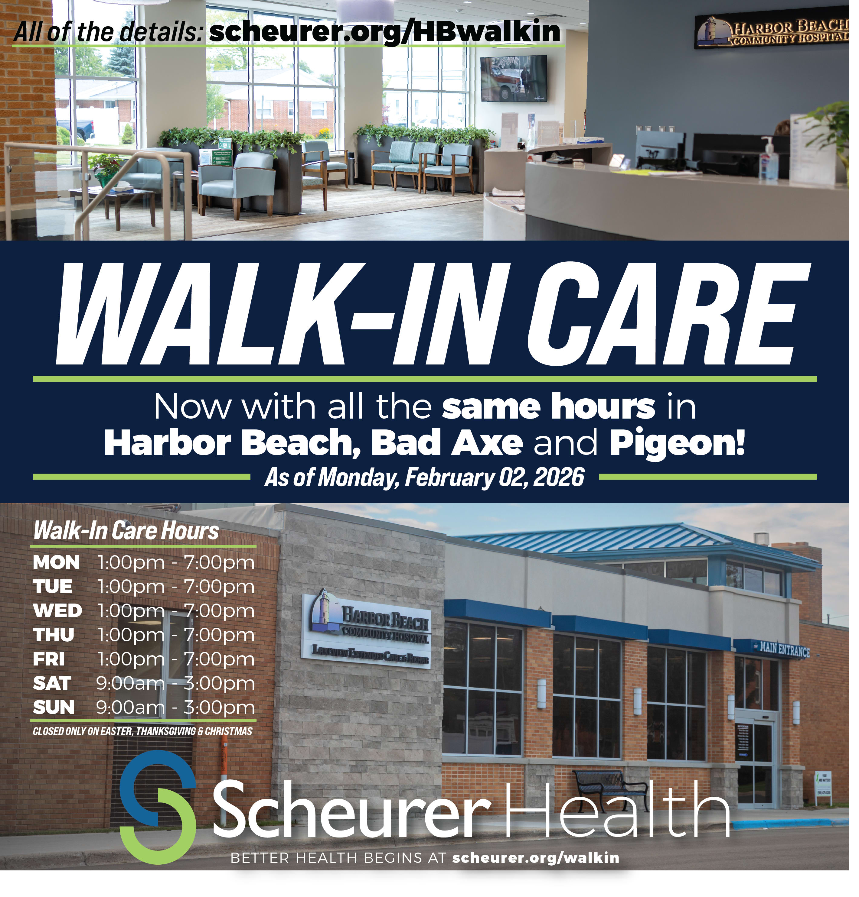 All Three Walk-In Clinics Hours Now Match | Scheurer