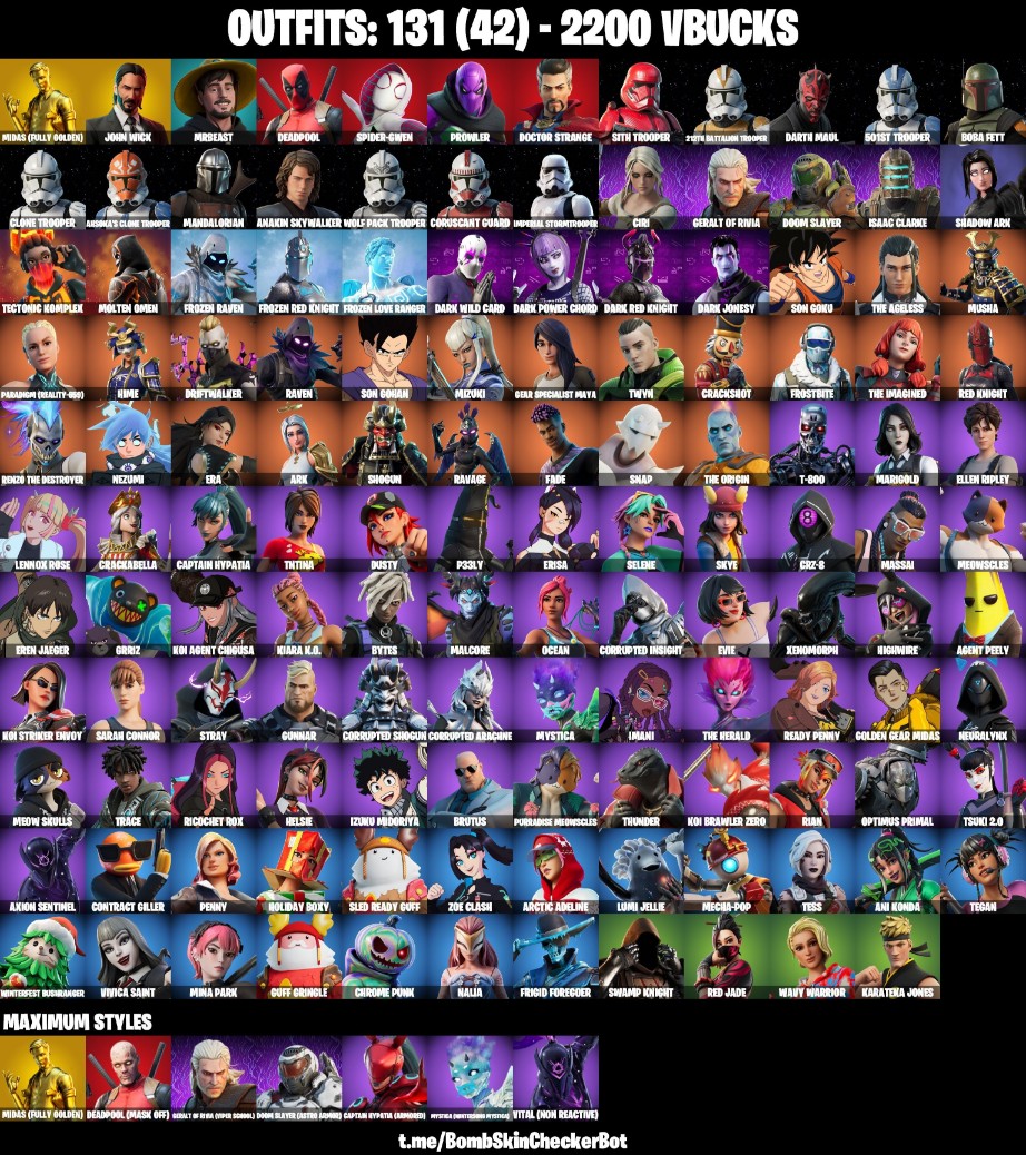 131 Skins, Midas, Deadpool, Gohan, Goku, Sith Trooper, Darth Maul ...