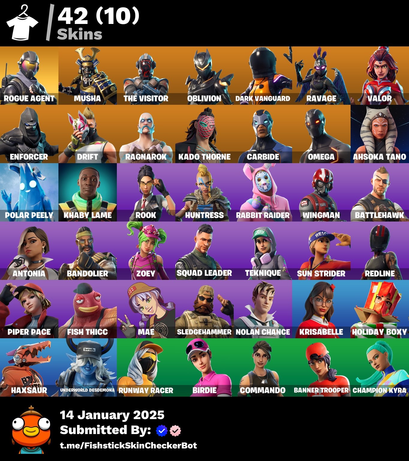 42 Skins, Rogue Agent, Omega, The Visitor, Oblivion, Dark Vanguard ...