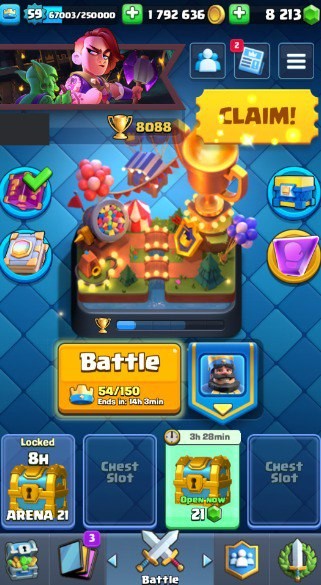 KT 15, LVL 59, Trophy 8088, Emotes 106, Gems 8213, Cards 115, Gold 1 ...