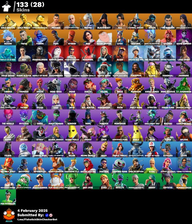 133 Skins, Gold Brutus, Gold Midas, Gold Meowscles, Menace, Paradigm ...