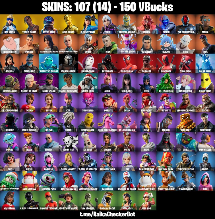 107 Skins, TRAVIS SCOTT, CANDY AXE, NEO VERSA, ASTRO JACK, GOLD MIDAS ...