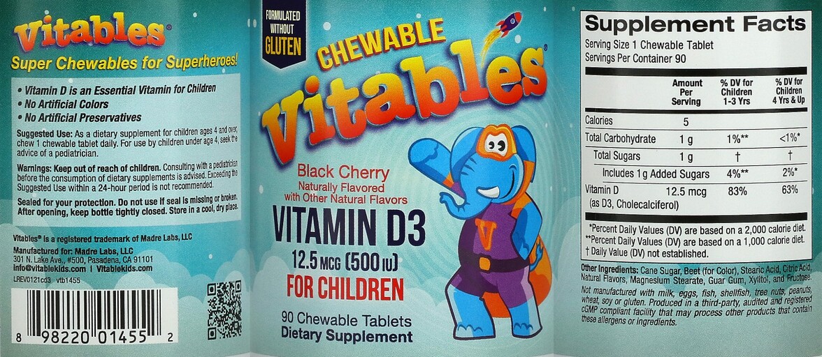 Vitables - Chewable Vitamin D3 12.5 mcg for Children Black Cherry - SuppCo