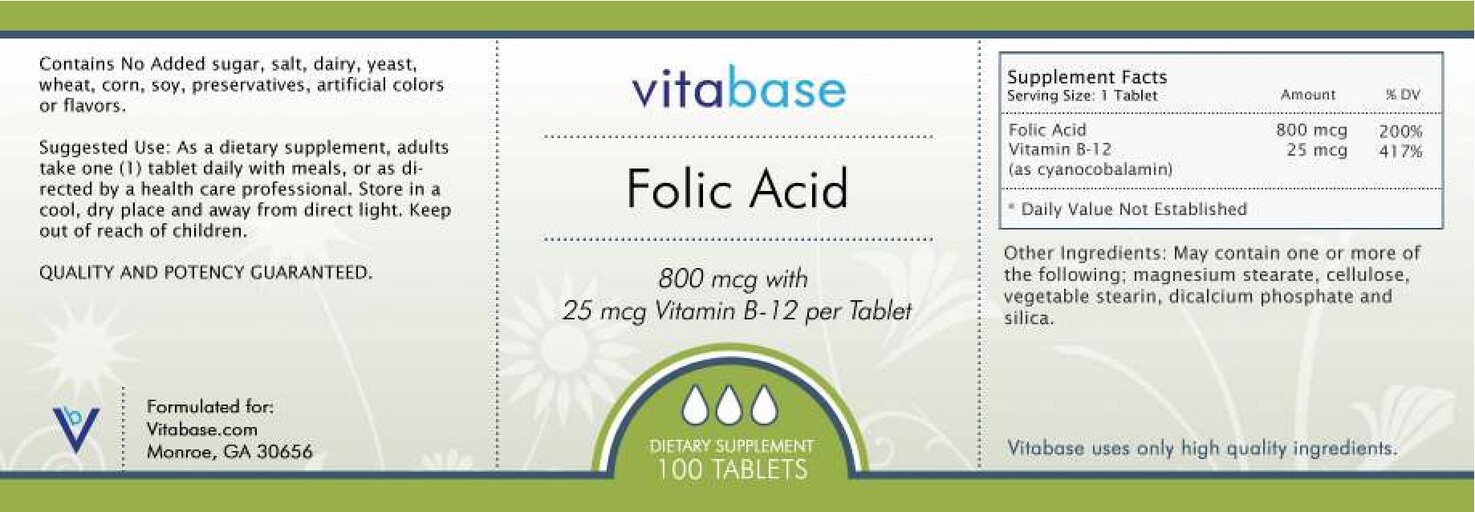 Vitabase - Folic Acid 800 mcg With 25 mcg Vitamin B-12 - SuppCo
